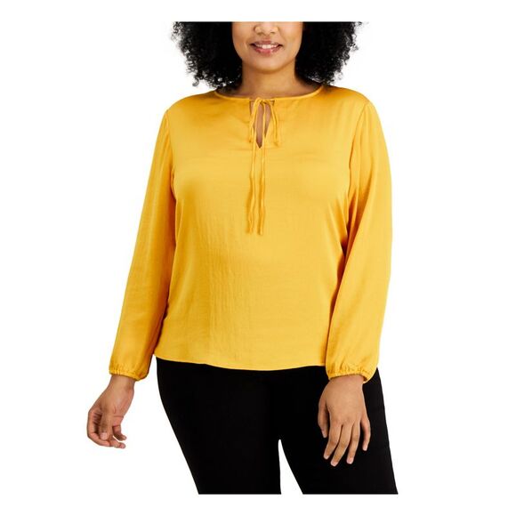 Kasper | Tops | Kasper Womens Yellow Long Sleeve Tie Neck Wear To Work ...
